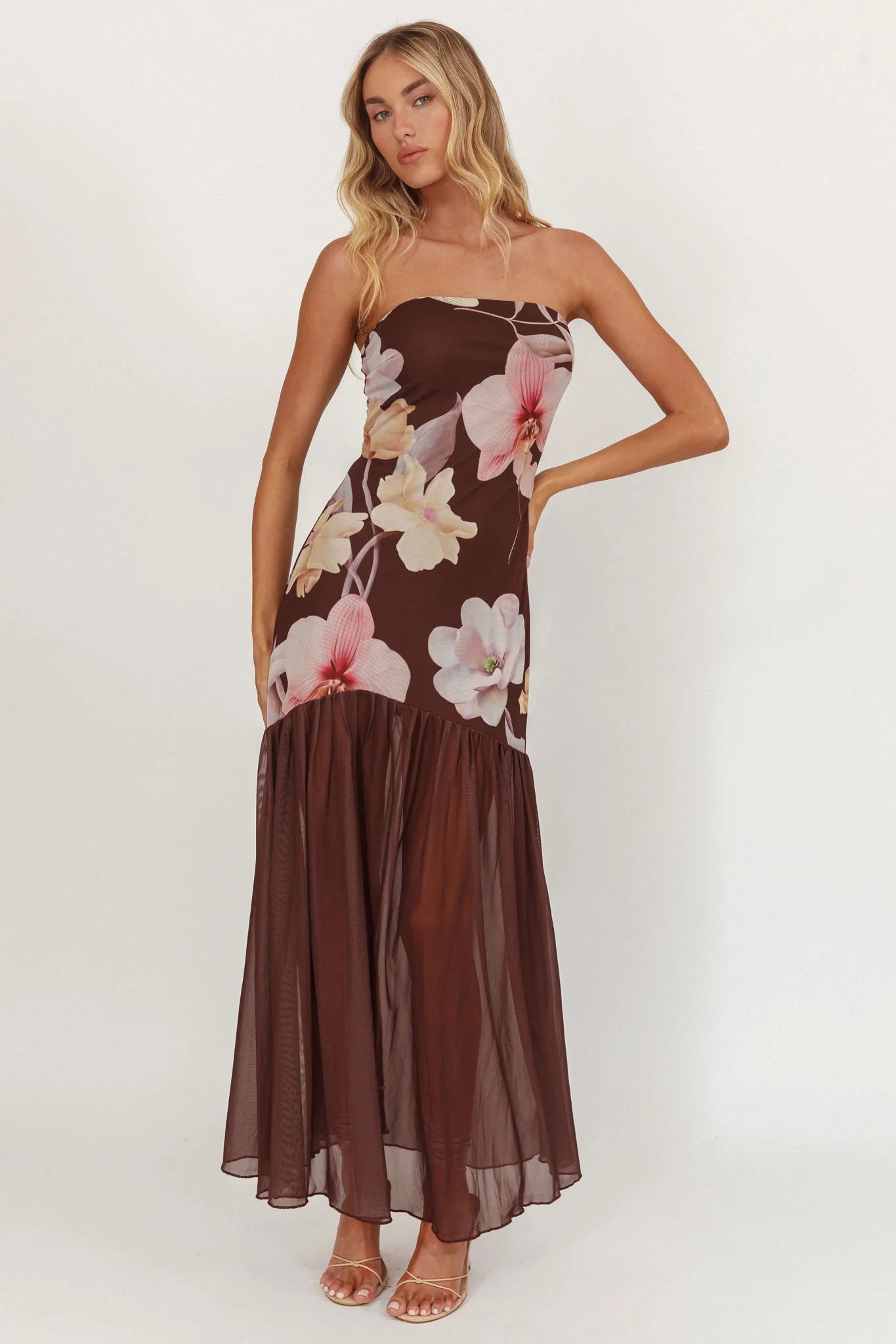 Wilma Sheer Hem Strapless Midi Dress Orchids Brown - Mapfits